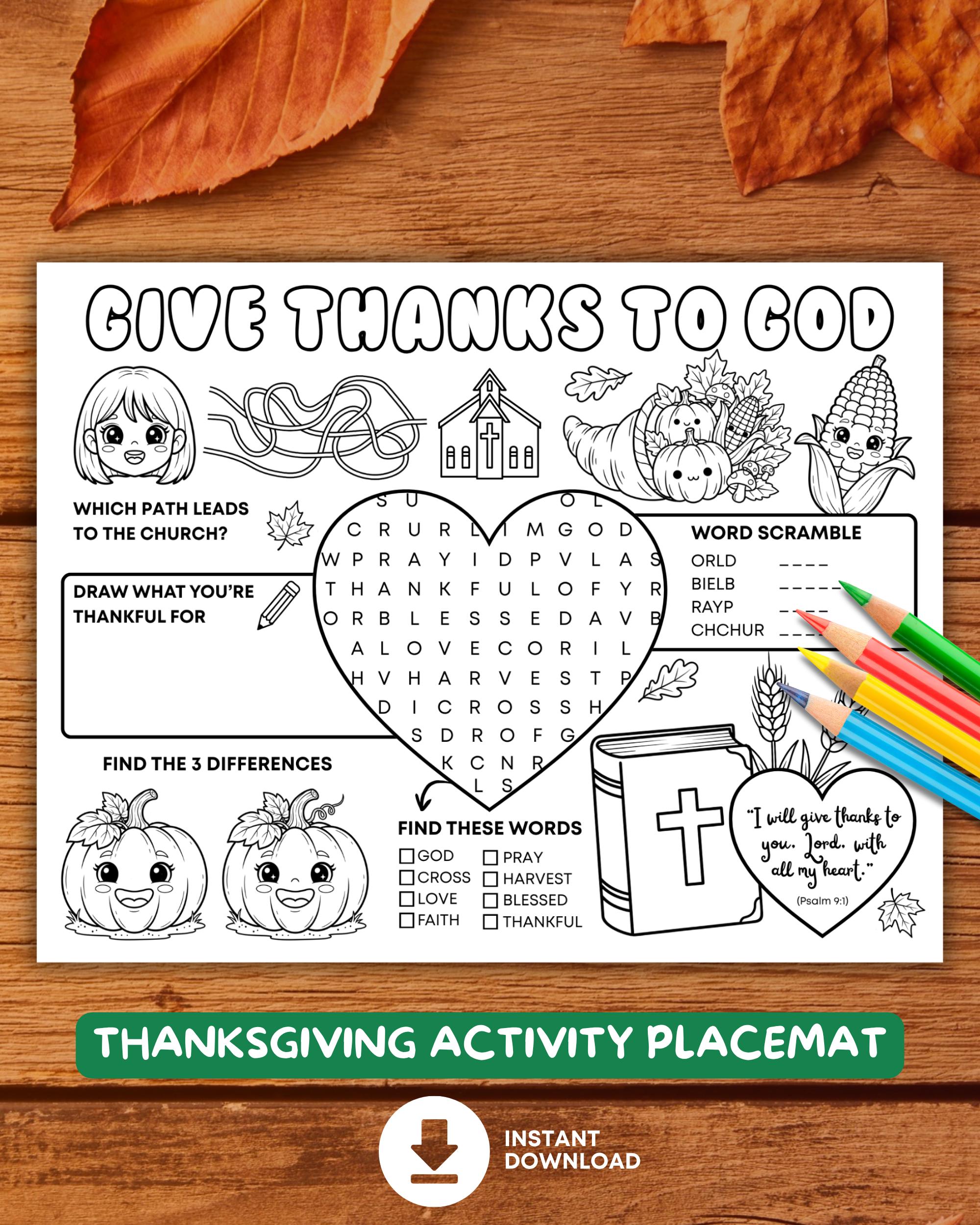 Thanksgiving Bible Activity Placemat, Sunday School Coloring Printable ...