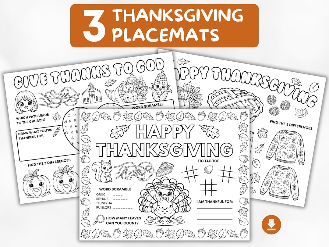 3 Thanksgiving Placemat Bundle - Printable for Kids | Fall Classroom ...