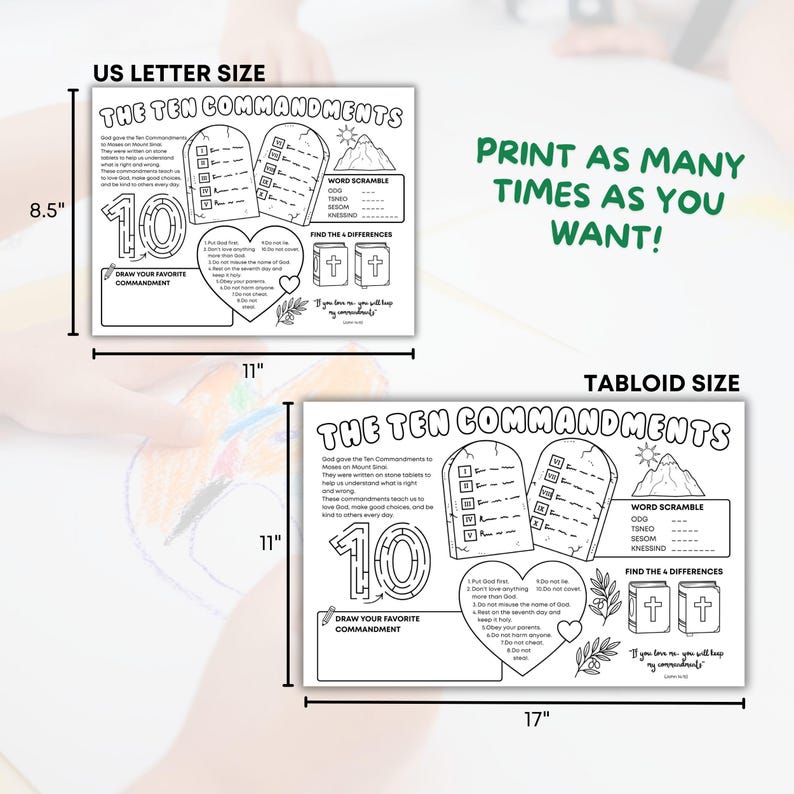 The Ten Commandments Bible Activity Placemat, Sunday School Coloring ...