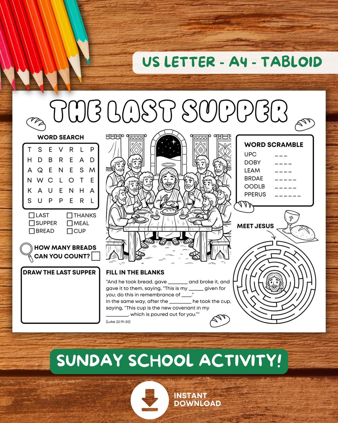 The Last Supper Activity Placemat, Christian Easter Story Printable ...