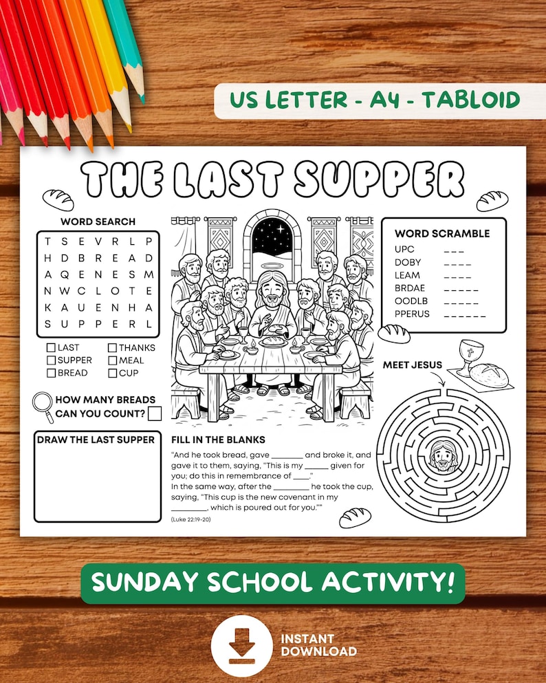 The Last Supper Activity Placemat, Christian Easter Story Printable ...