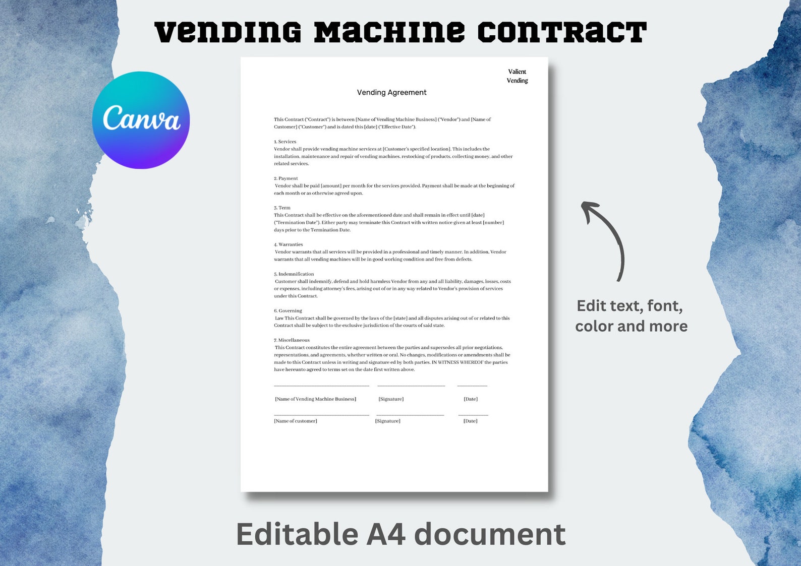 Editable Vending Machine Agreement Template, Customizable, Contract, A4 ...