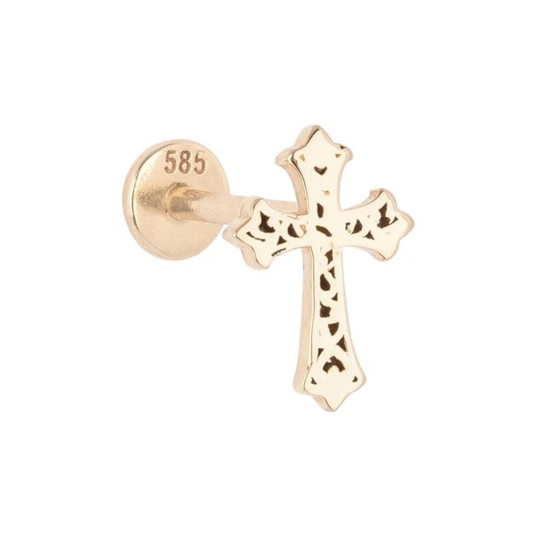 14K Gold Cross Piercing: Conch, Tragus & Helix Stud Earring - Etsy