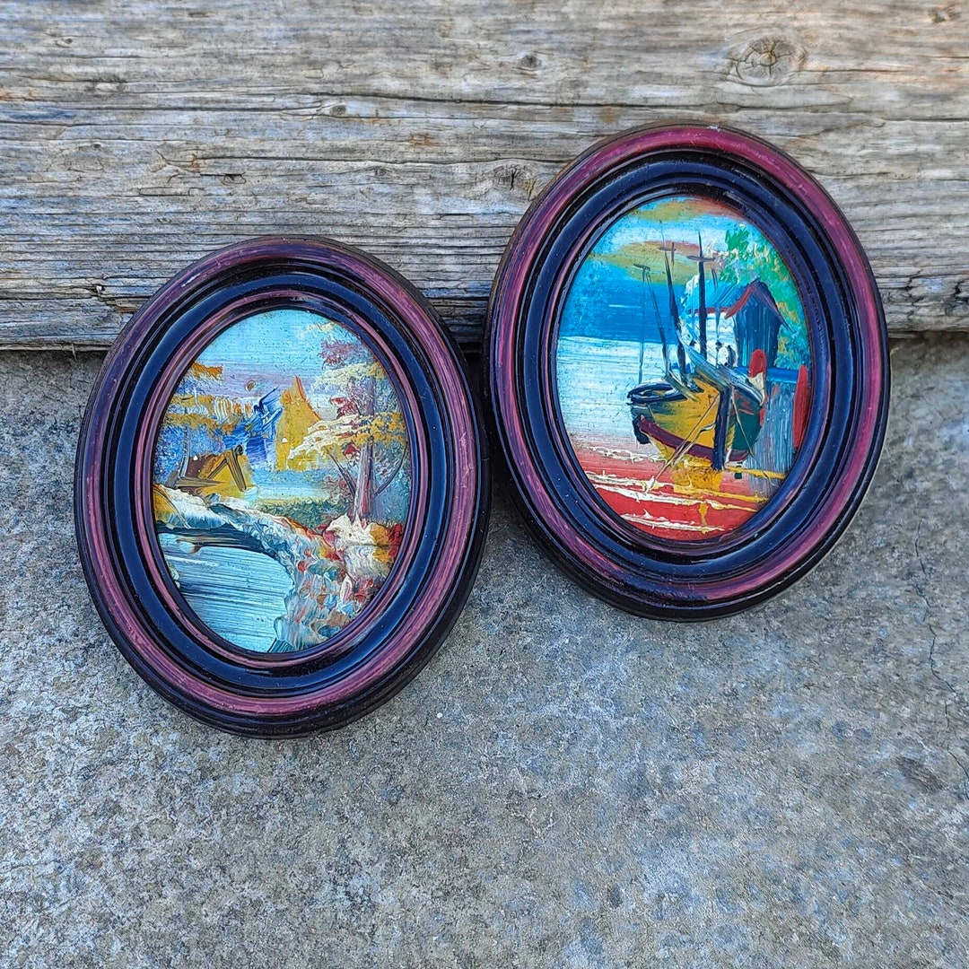 Oval Oil Paintings With Small Vintage Landscape for the Wall Set of 2 ...