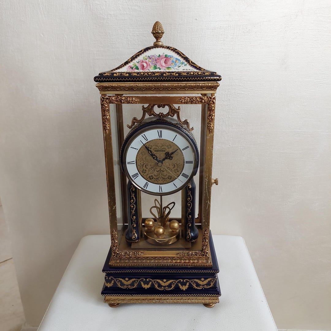 Temple Table Clock in Bavarian Porcelain Hand-painted and Brass Details ...