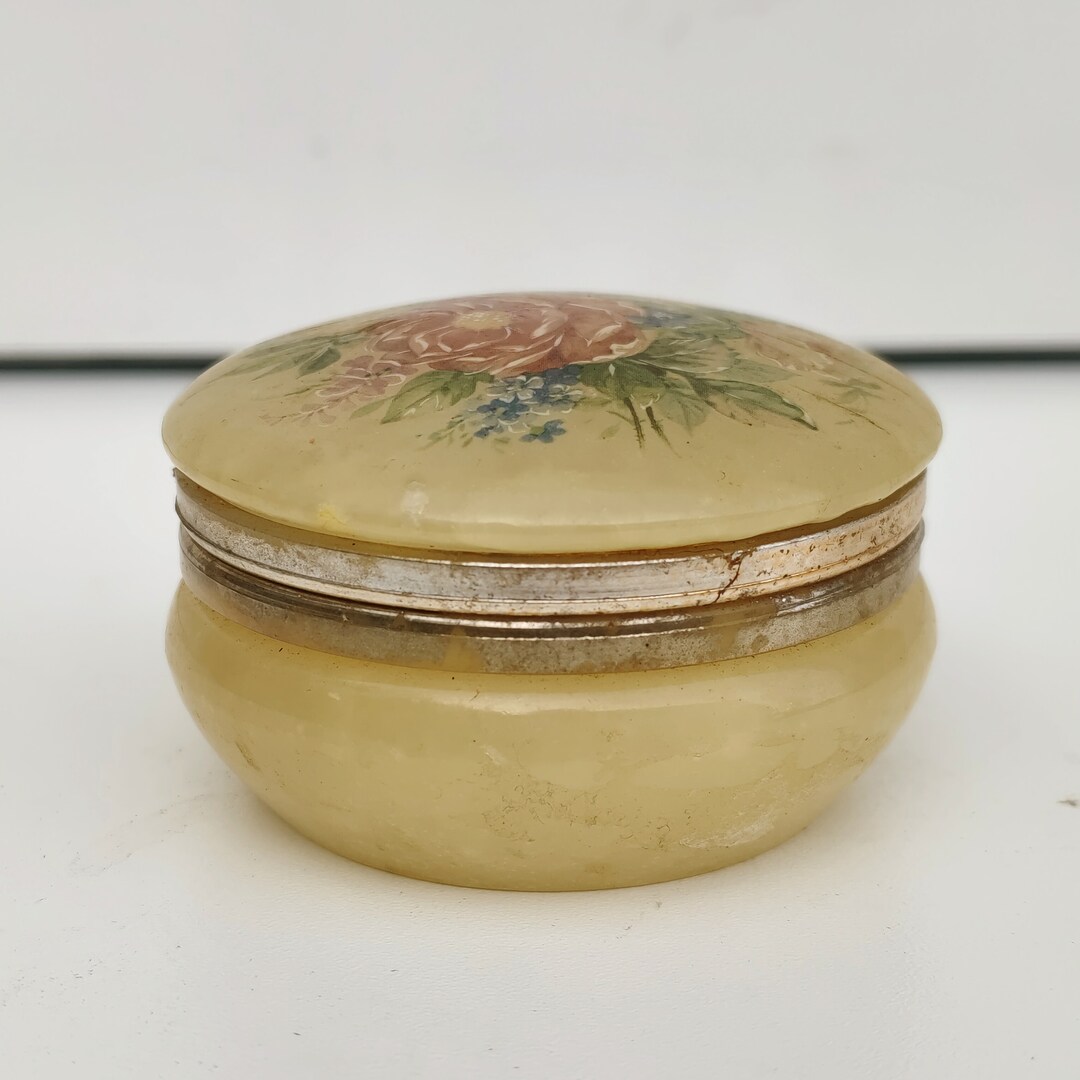 Round Alabaster Jewelry Box With Flower Print on the Lid Stone Jewelry ...