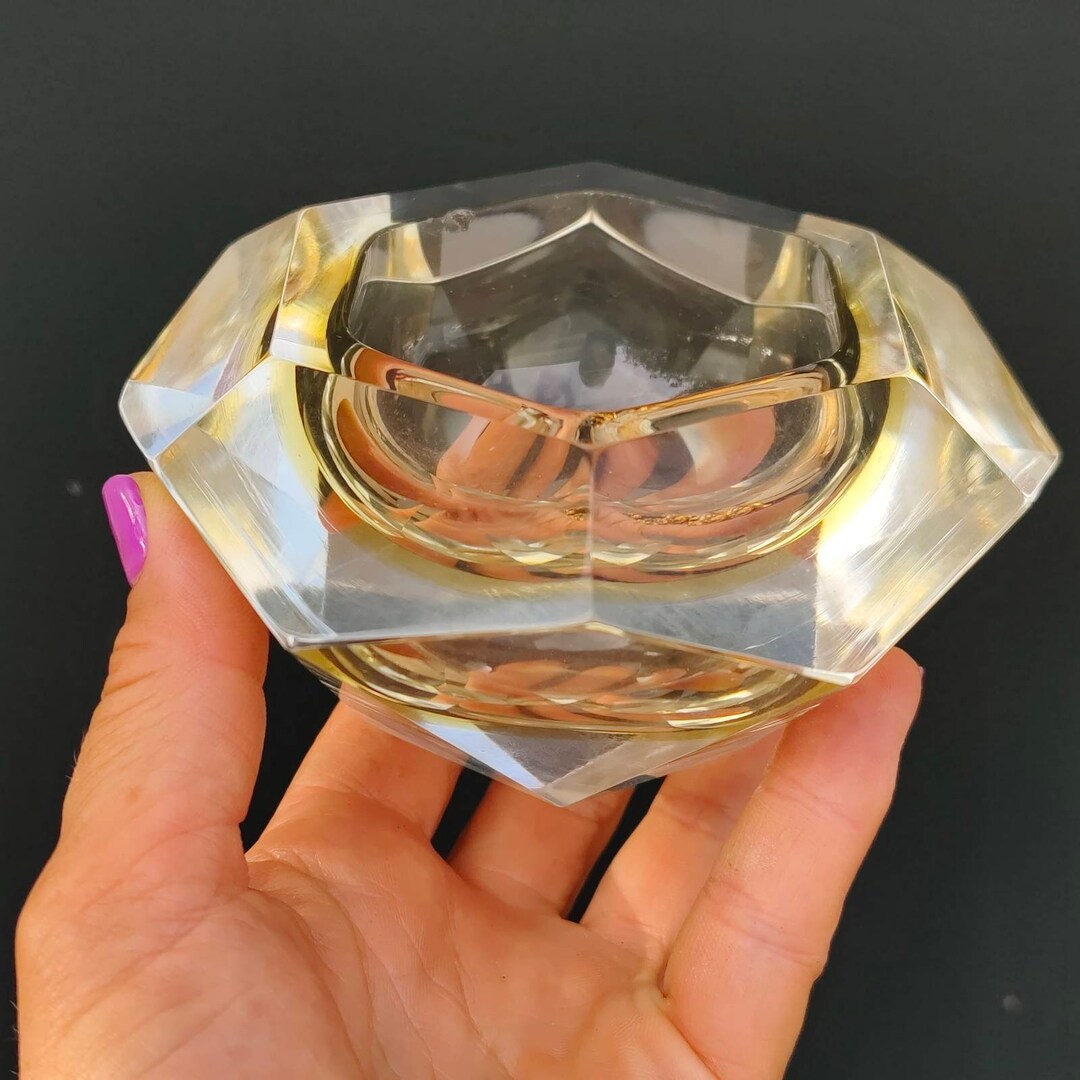 Heavy Crystal Glass Ashtray Post Modern Murano Diamond Multifaceted ...