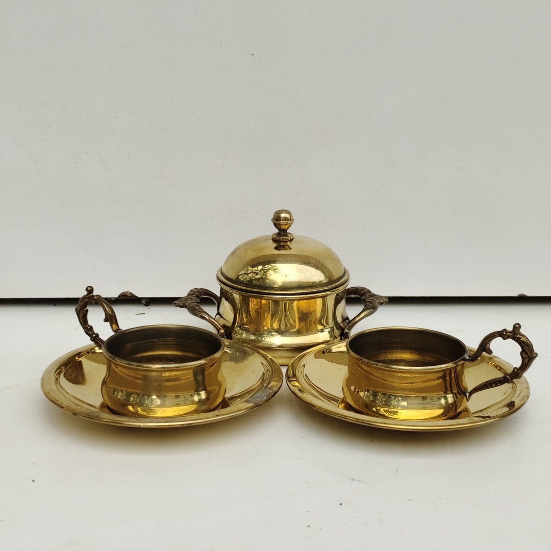 Brass Coffee Set Victorian Metal Cups With Saucers and Sugar Potl - Etsy