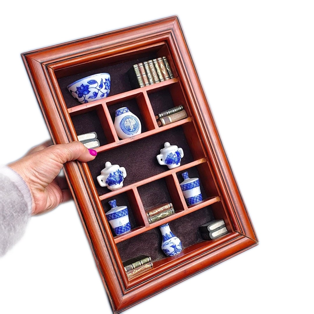 Vintage Wooden Display Cabinet Wall Hanging Shelf With Miniature ...