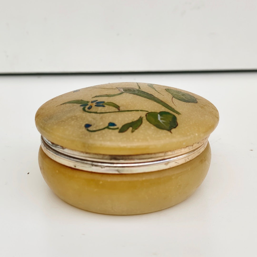 Round Alabaster Jewelry Box With Floral Print on the Lid Stone Jewelry ...