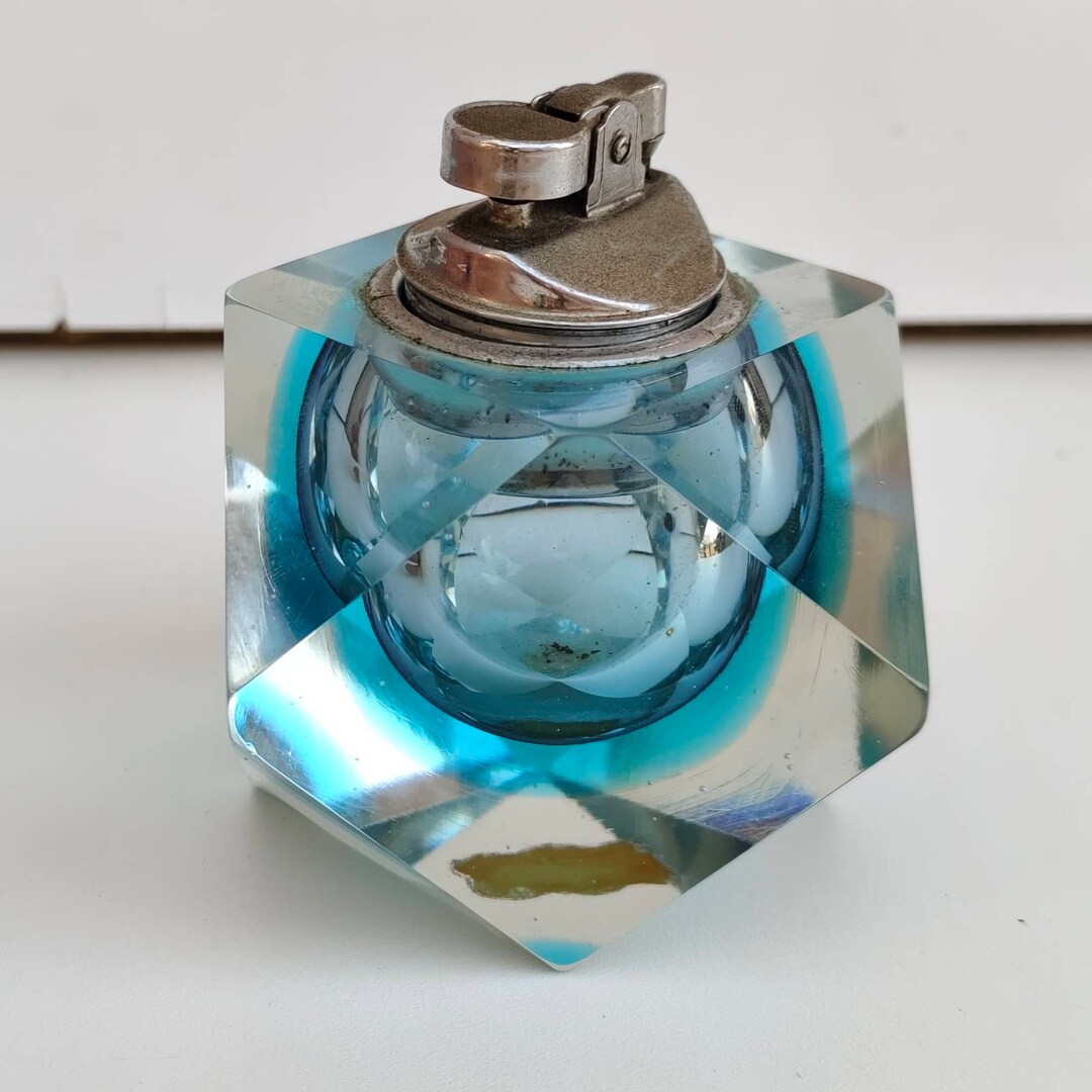Crystal Table Lighter,submerged Heavy Light Blue Glass Italian Design ...