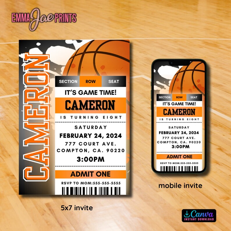 Basketball Birthday Party Invitation: Editable Ticket Theme (canva ...