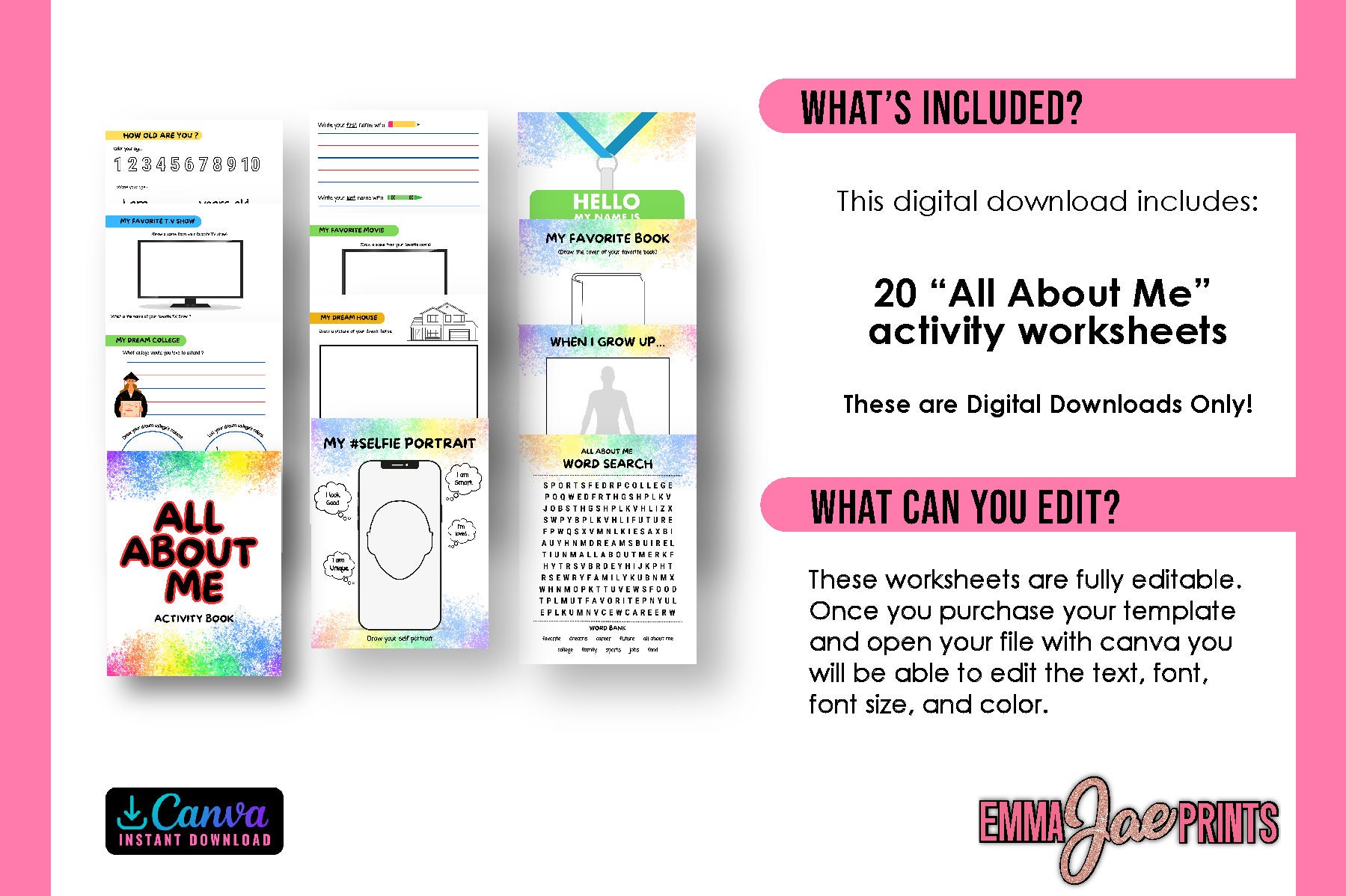 PRINTABLE All About Me Worksheets, Back to School Coloring Activity ...