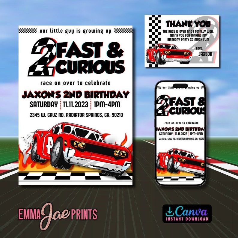 2 Fast 2 Curious Editable Invitation Template, Race Car Party, 2nd ...