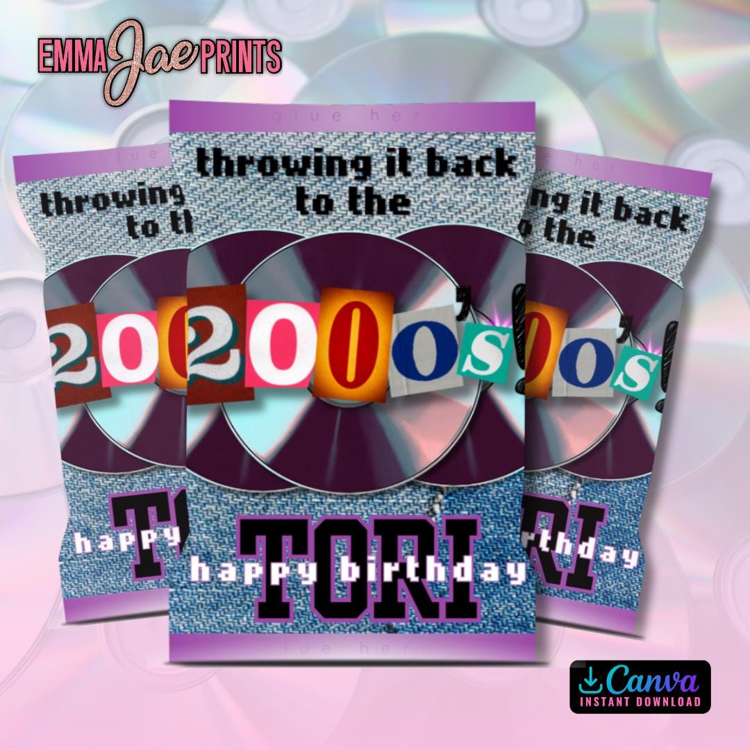 Editable 2000’s Themed Throwback Party, Y2K Retro Party, Chip Bag Label ...