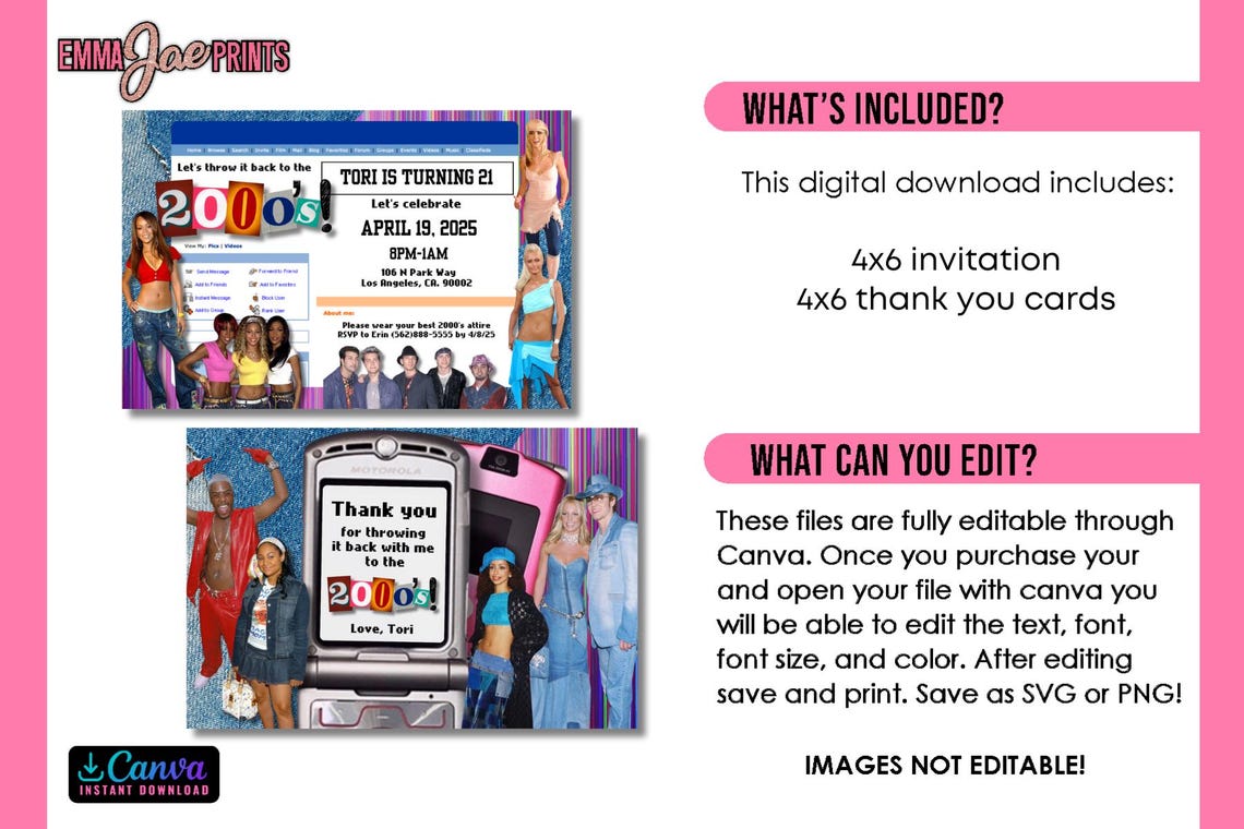 Editable 2000s Throwback Party Invitation & Thank You Card (digital ...