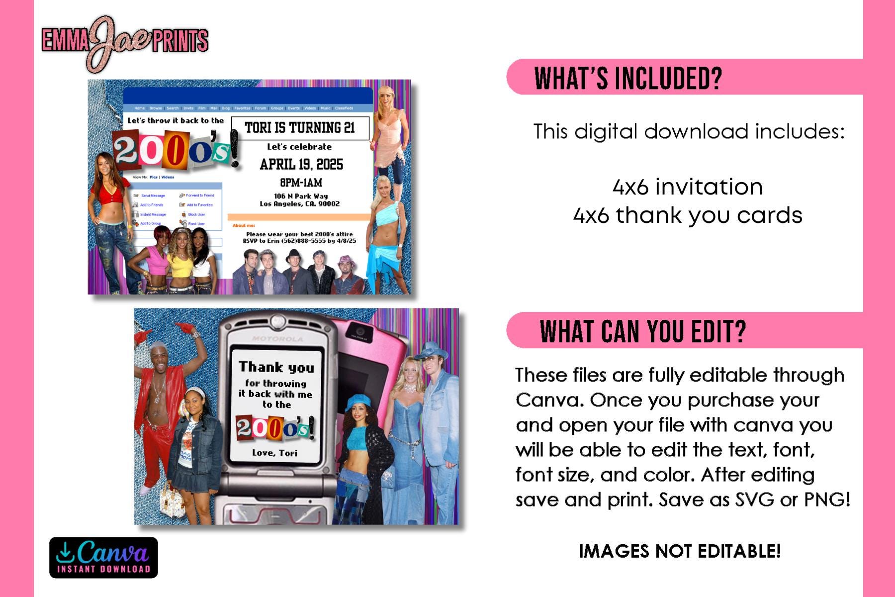 Editable 2000s Throwback Party Invitation & Thank You Card (digital ...