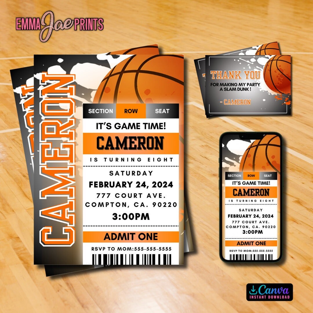 Basketball Birthday Party Invitation: Editable Ticket Theme (canva ...