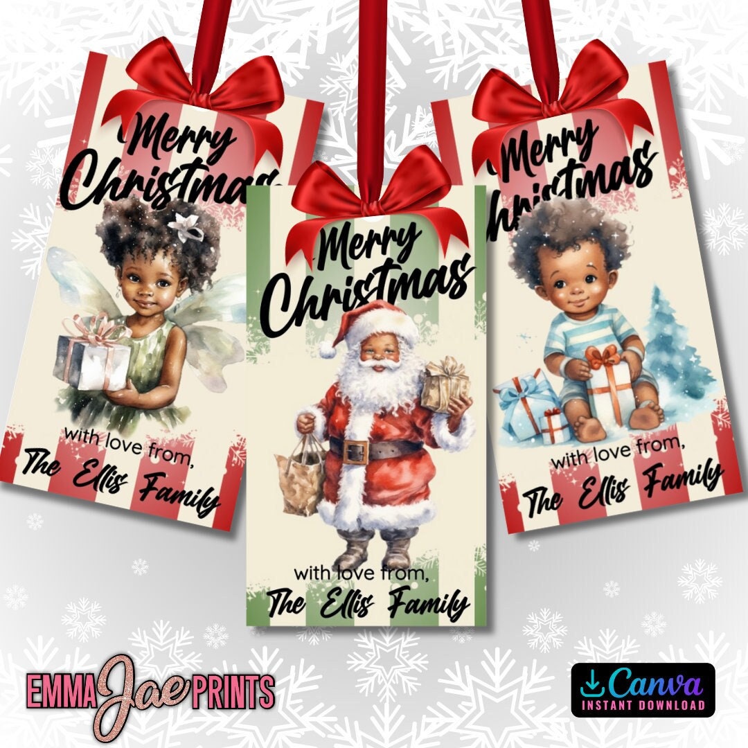 Editable Black Christmas Gift Tags, African American Santa Gift Tags ...