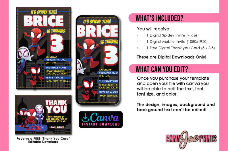 Spidey and Friends Invitation, Self Editable Kids Birthday Invitation ...