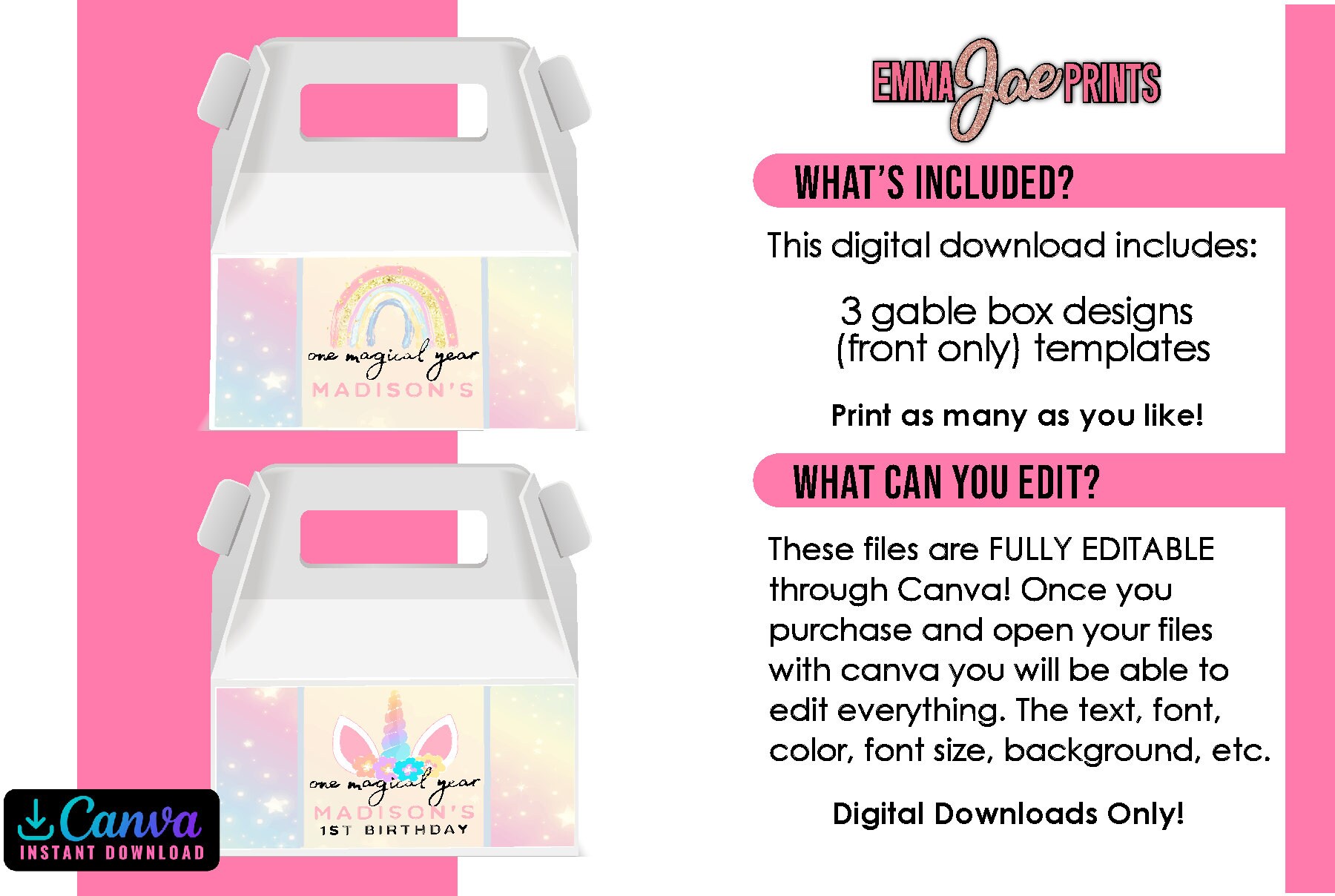 Unicorn First Birthday Gable Box Design, Magical One, 1st Party, Pink ...