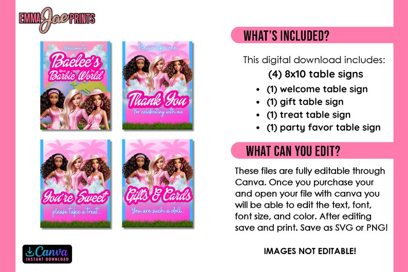 Editable Doll Birthday 8x10 Table Sign Bundle, Doll Printable Download ...