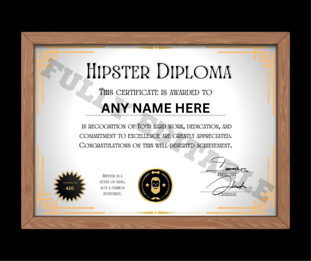 Funny Hipster Diploma Template: Customizable Gag Gift (digital Download ...