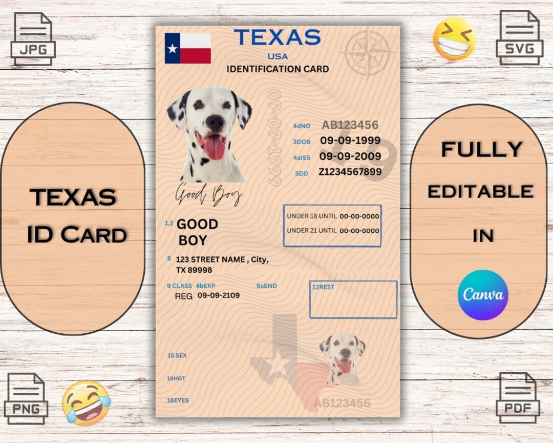 Texas Identification Card Fully Editable Digital Printable Pet ID Tags ...