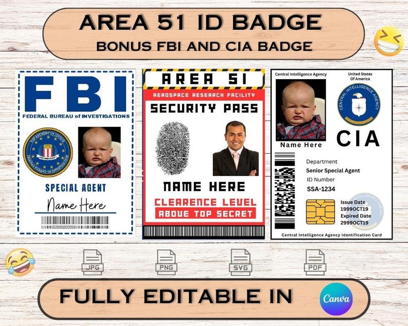 Funny Area 51 Name Badge: Editable Federal ID Card (digital Printable ...