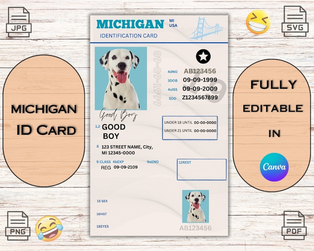 Michigan Identification Card Fully Editable Digital Printable Pet ID ...