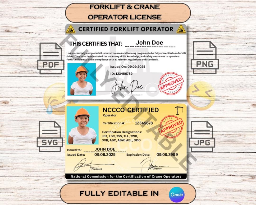 Forklift and Crane Operator License Template: Fully Editable Novelty ...