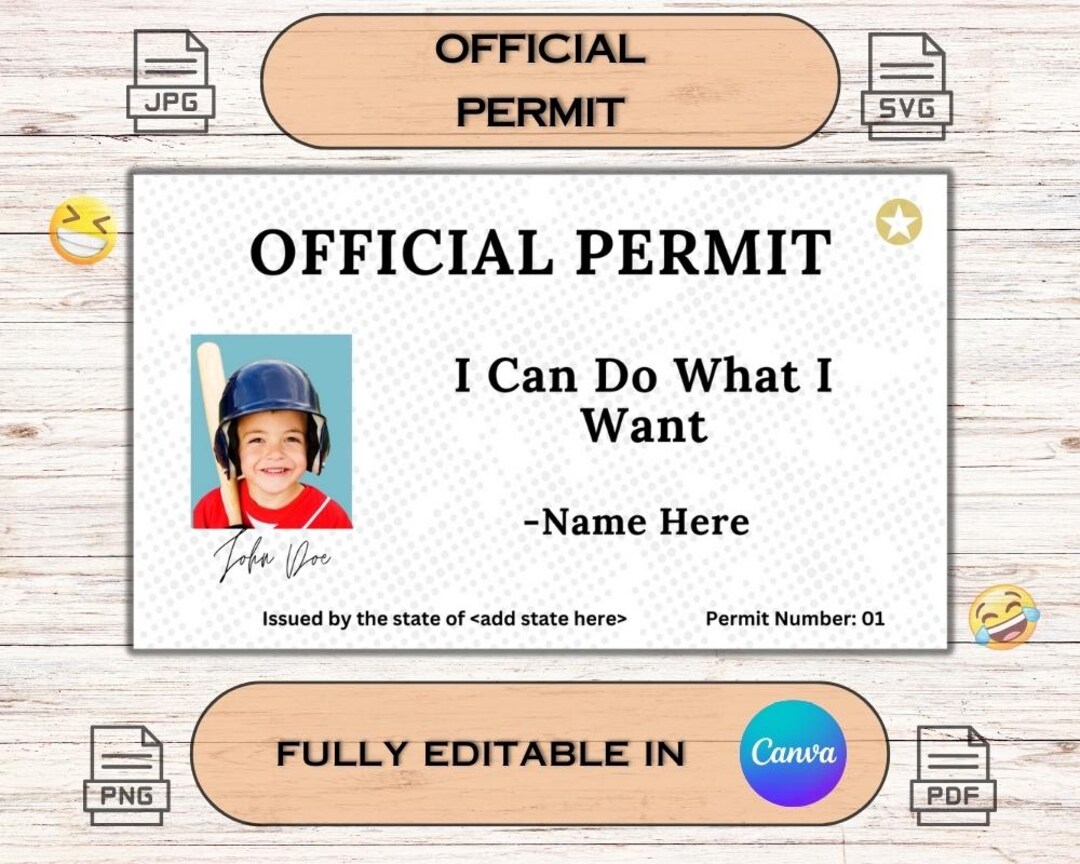 Funny Official Permit Card: Editable Novelty Template (digital ...