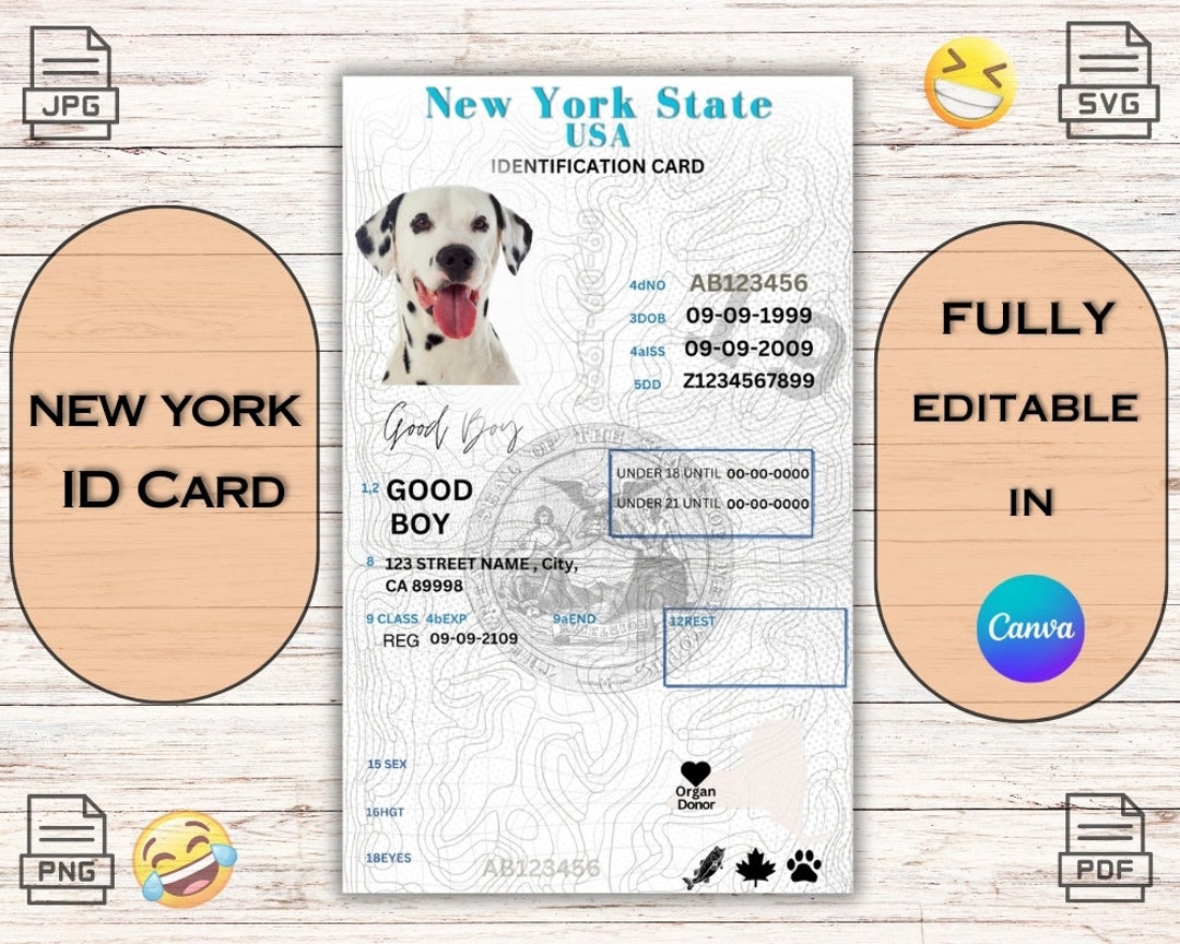 New York Identification Card Fully Editable Digital Printable Pet ID ...