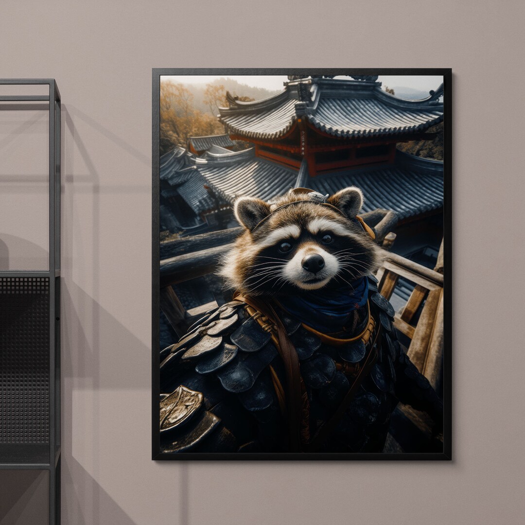 Raccoon Print Samurai Wall Art Quirky Animal Portrait Art Unique Living ...