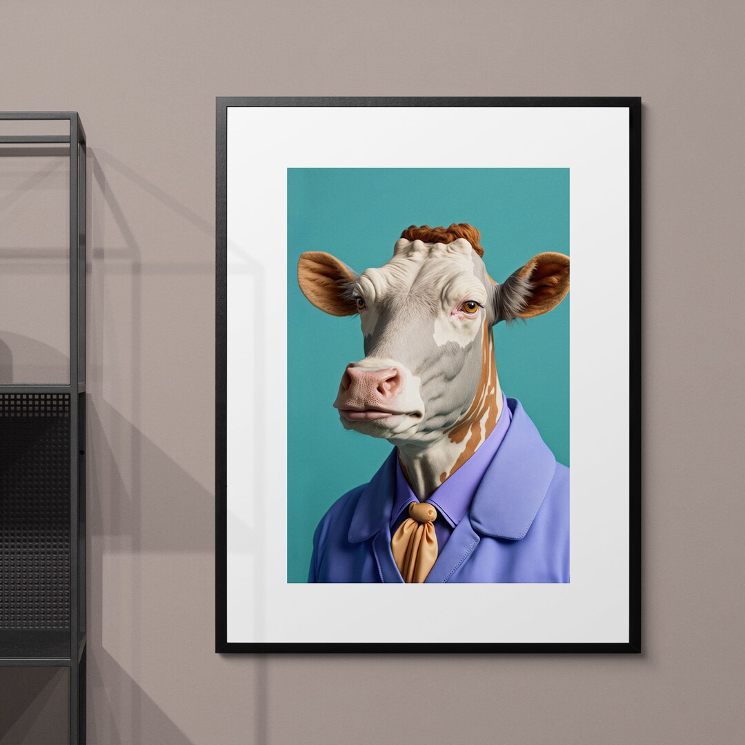 Cow Print Quirky Animal Portrait Art Unique Living Room Decor Gift Cyan ...