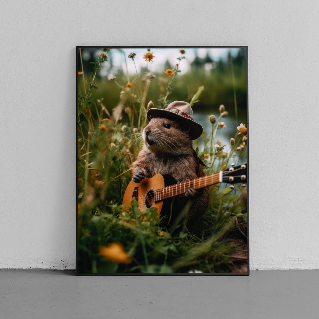 Hippie Muskrat Print Quirky Guitar Animal Portrait Print Cute Wall ...