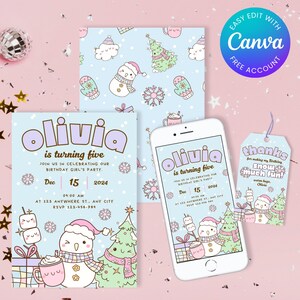 Cute Winter Birthday Invitation Sets, Winter Kawaii Theme, Editable ...