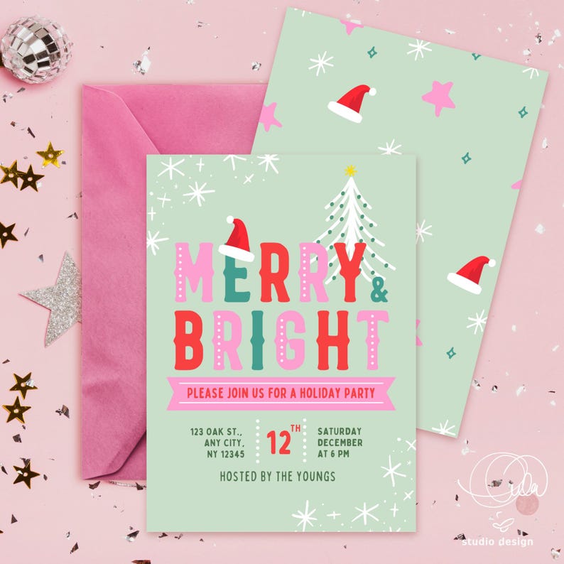 Christmas Party Invitation: Merry & Bright, Hand-drawn (digital ...