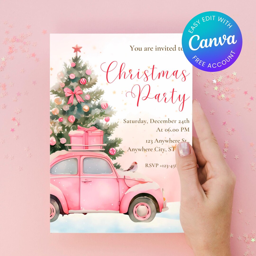 Watercolor Christmas Party Invitation: Pink Car, Editable Canva ...