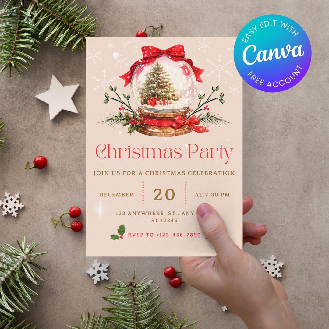 Watercolor Snow Globe Christmas Party Invitation (editable Canva ...