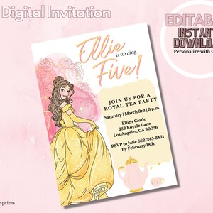 Editable Digital Princess Belle Beauty and the Beast Birthday Party ...