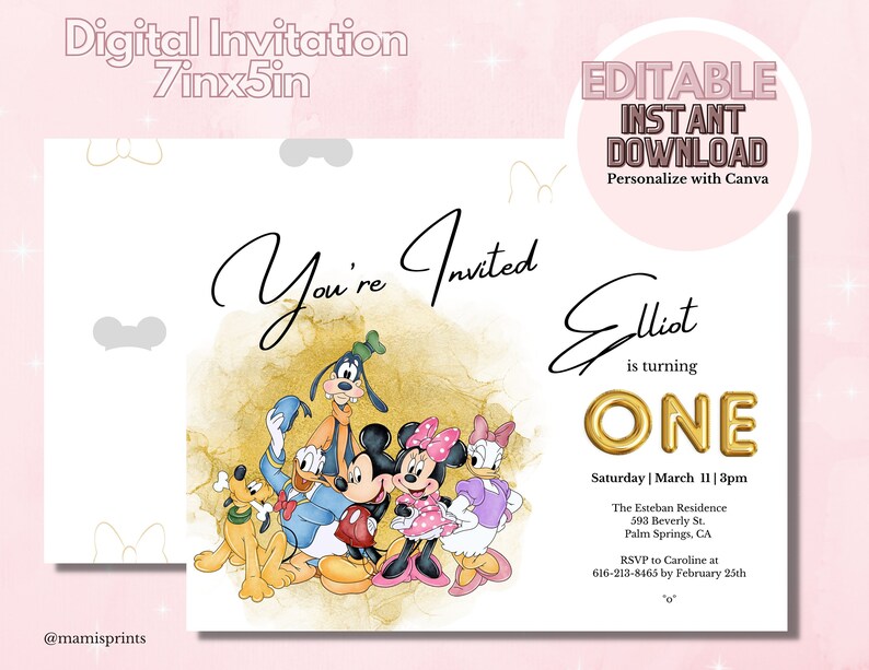 Editable Digital Turning One Mickey Minnie and Friends Neutral Boy and ...