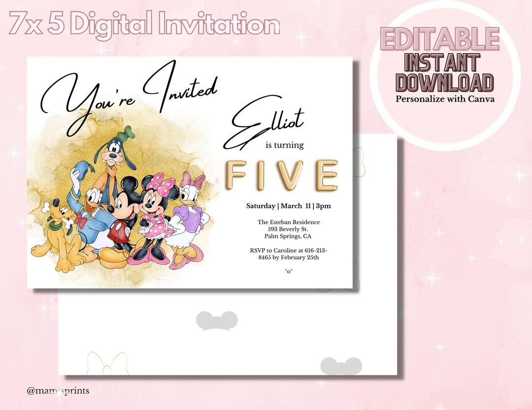 Editable Digital Turning Five Mickey Minnie and Friends Neutral Boy and ...