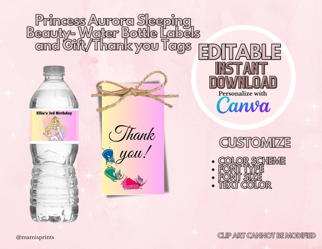 Editable Digital Princess Aurora Sleeping Beauty Water Bottle and Thank ...