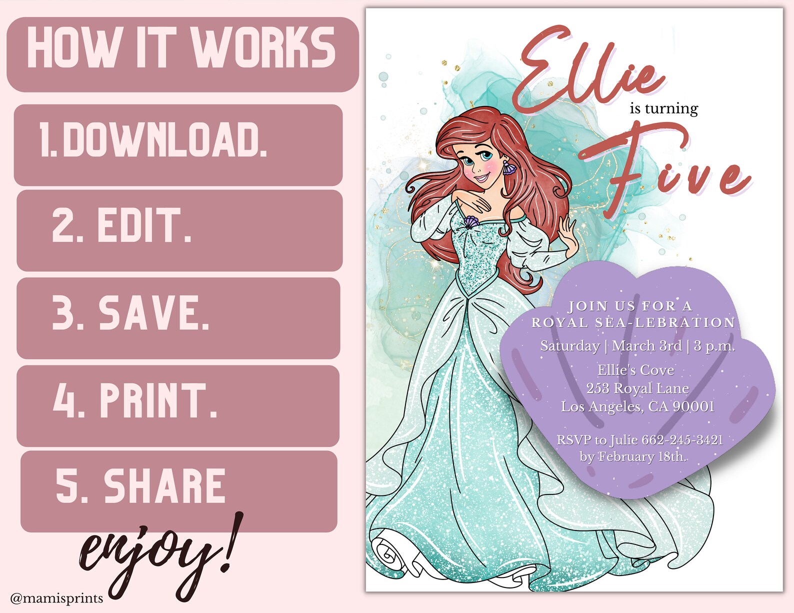 Editable Digital Princess Ariel the Little Mermaid Girl Birthday ...