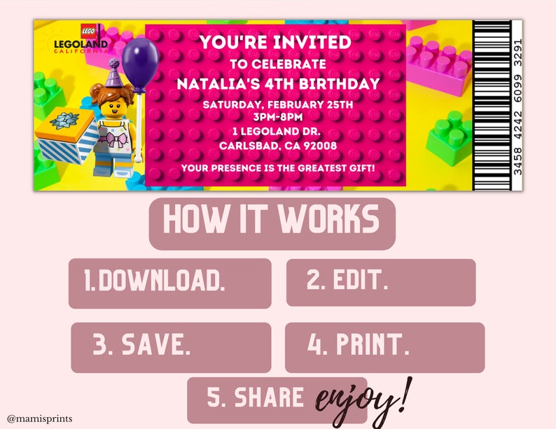 Editable Digital Lego Nina Cumpleaños Fiesta Invitación-DIY DESCARGA ...