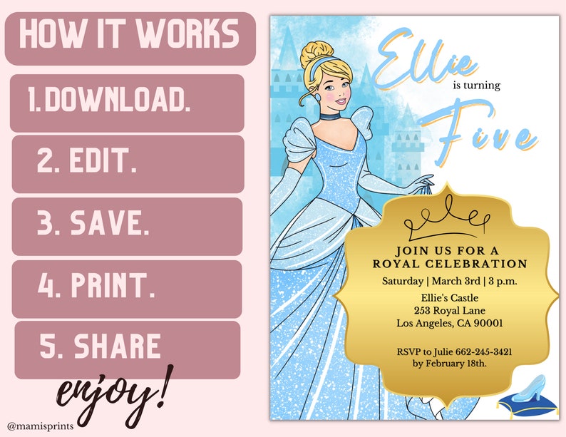 Editable Digital Princess Cinderella Powder Baby Blue Girl Birthday ...