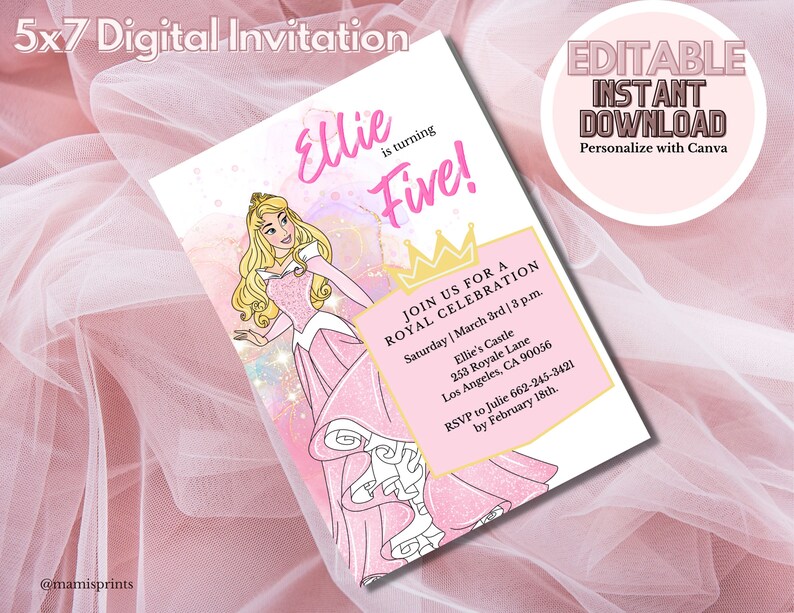 Editable Digital Princess Aurora Sleeping Beauty Birthday Invitation ...