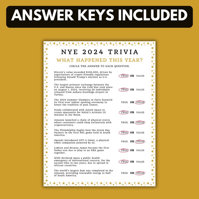 New Year's Eve 2024 Trivia Pack, Printable Games Quizzes Activities for ...