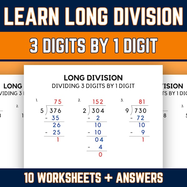 Printable Math Worksheets Long Division - Etsy
